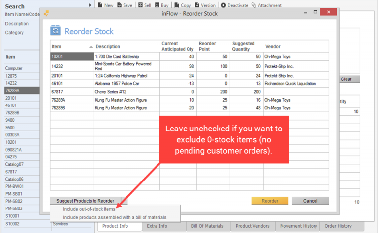 Why isn’t my product/vendor showing up in the Reorder Stock window?